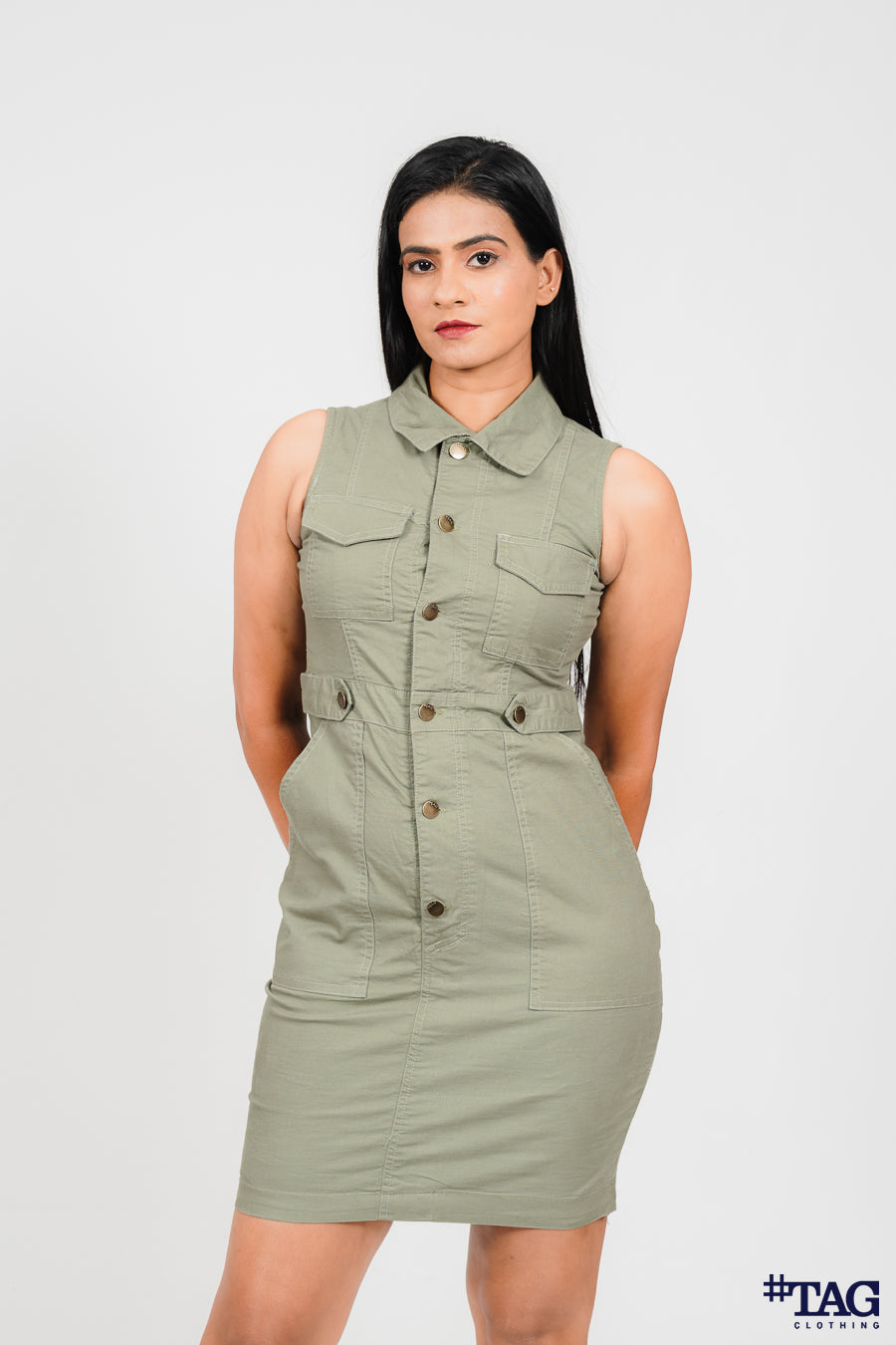 Ladies Button Front Mini Dress- Light Olive – HashTag Clothing